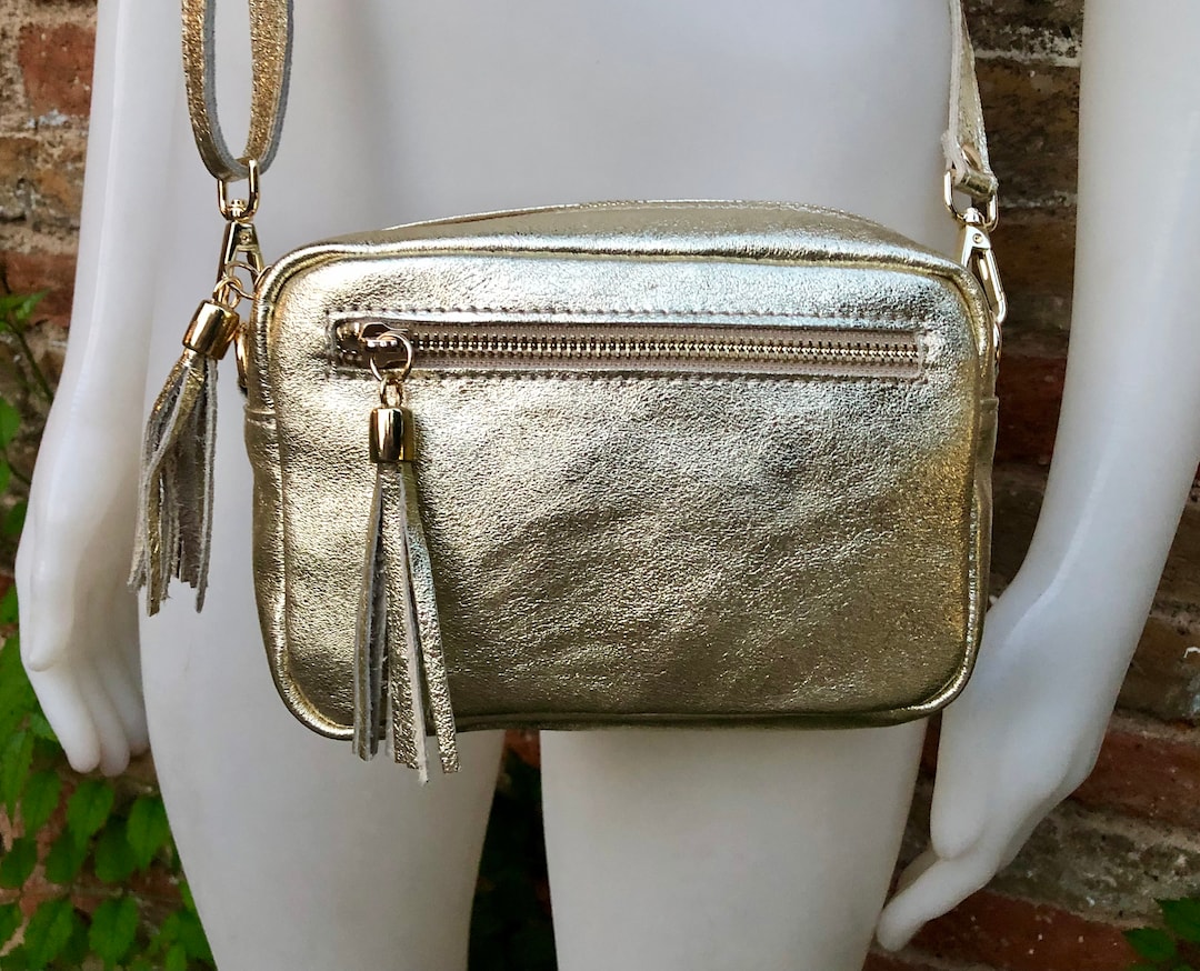 Small Leather Bag in Gold. Cross Body Bag, Shoulder Bag in GENUINE ...
