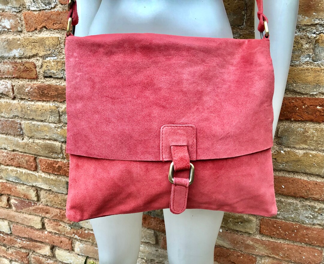 Crossbody Suede Bag. GENUINE Leather Bag in Coral RED. BOHO Suede Bag ...