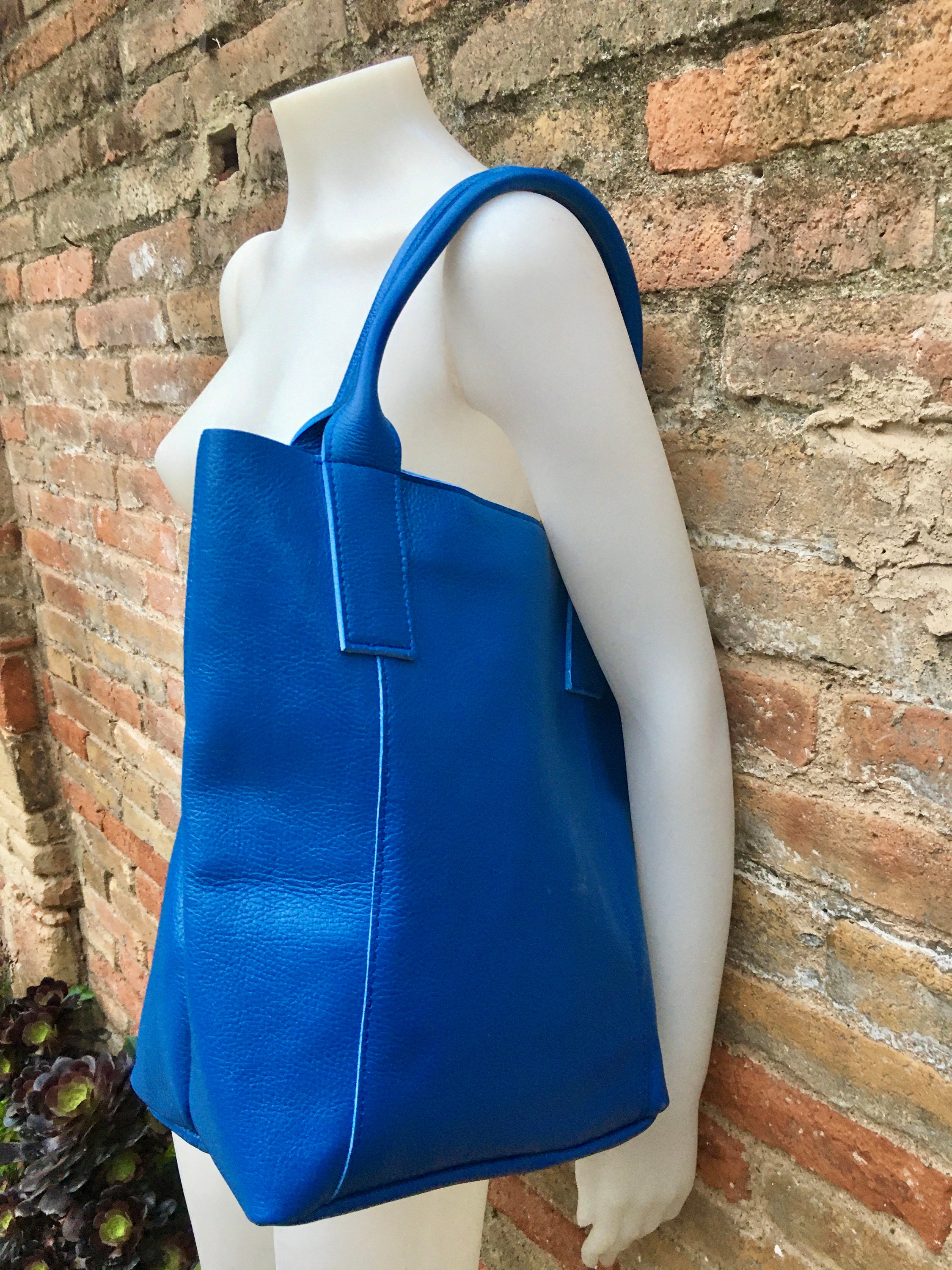 Tote Leather Bag in COBALT Blue. Leather Shopper in GENUINE | Etsy