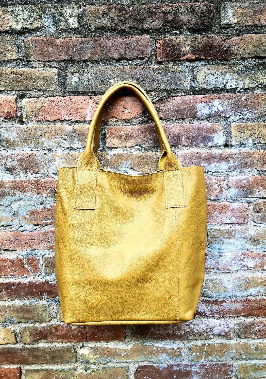Tote Leather Bag in Yellow. Genuine Leather Shopper. Large Carry All ...