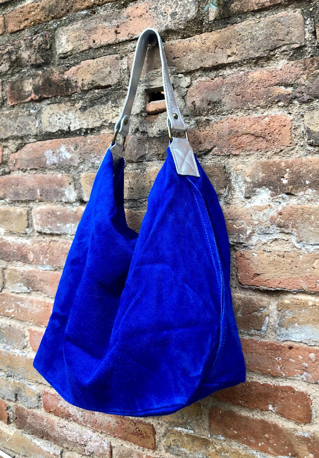 Slouch Leather Bag in Cobalt BLUE Genuine Leather. Soft Suede Hobo Bag ...