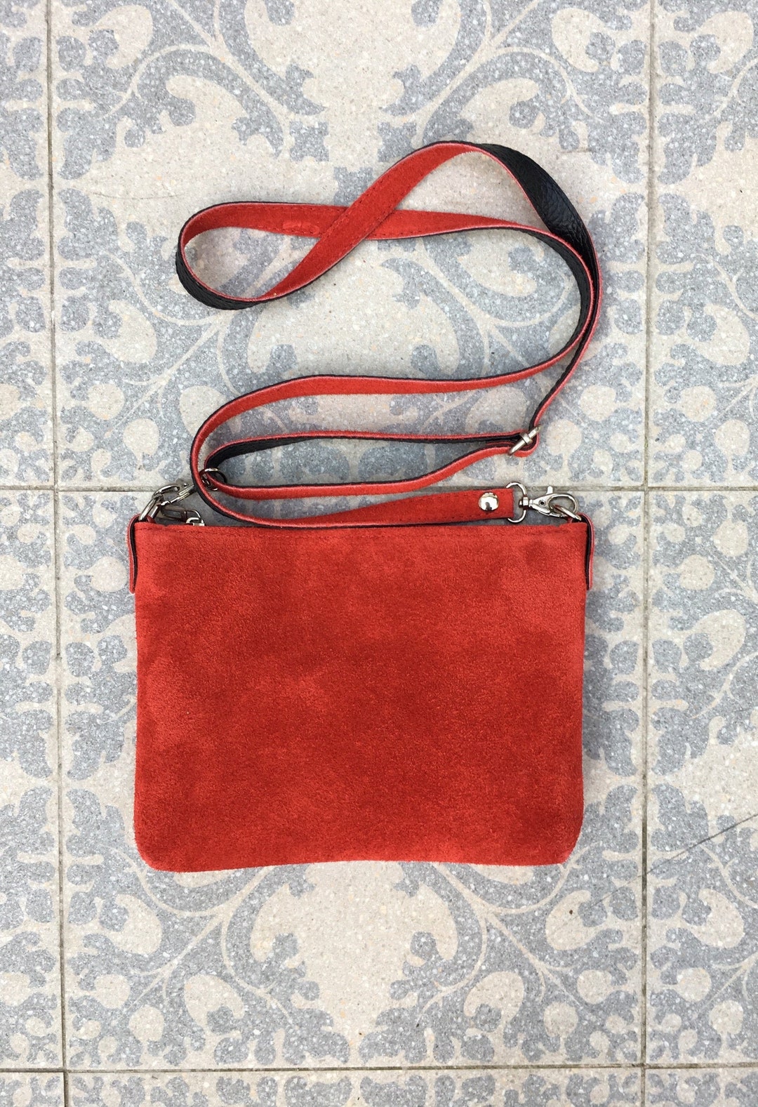 RED Suede Leather Bag. Crossbody / Shoulder Bag in GENUINE Leather ...