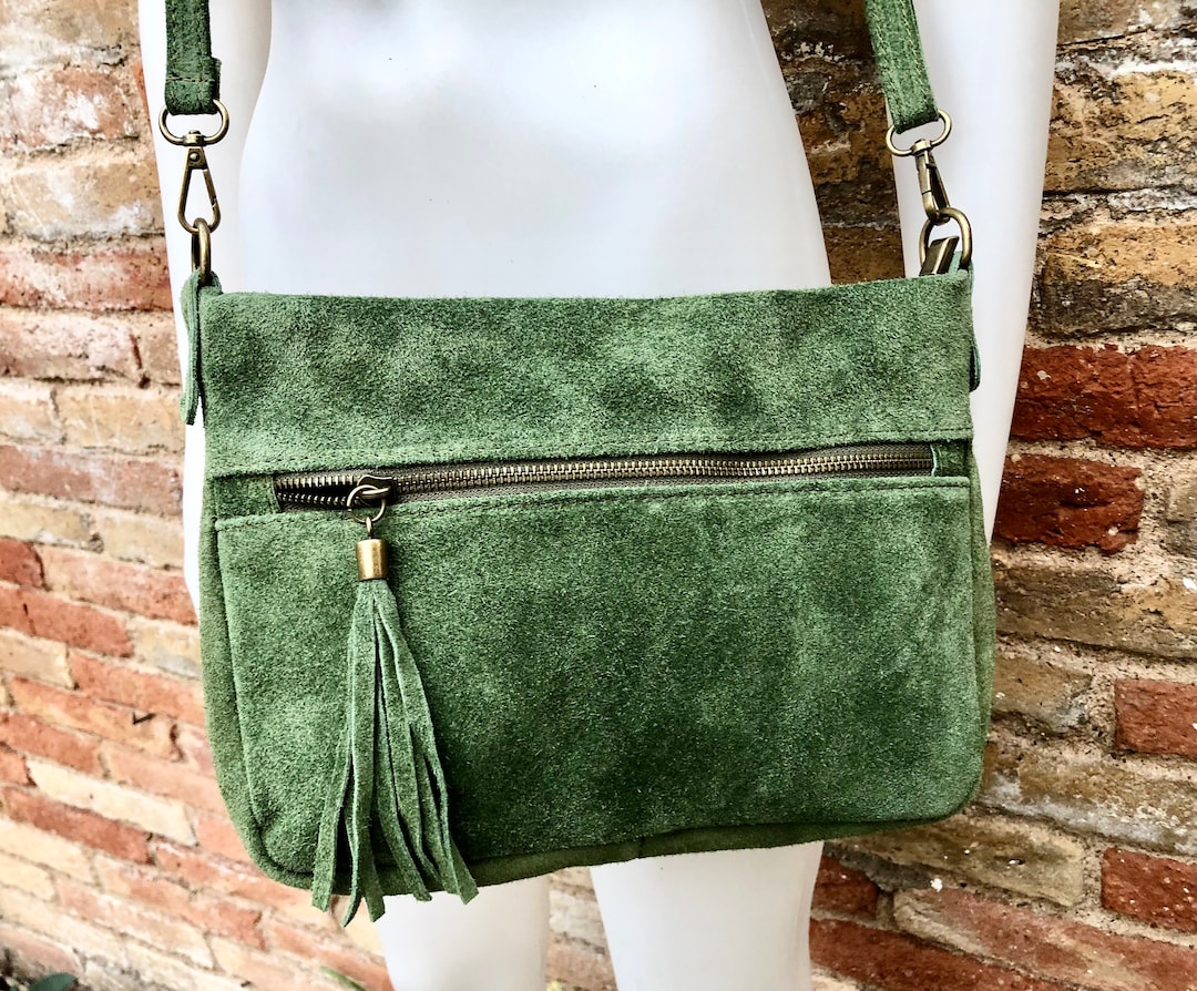 BOHO Suede Leather Bag in GREEN. Cross Body Bag, Leather Bag, Boho Bag ...