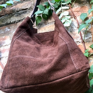Slouch Leather Bag in Dark Brown. Brown Suede Hobo Shoulder Bag. Boho ...