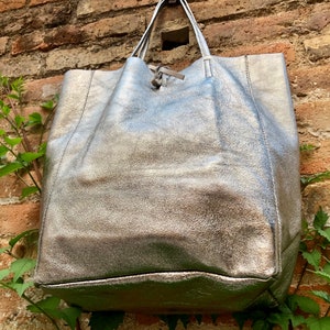 Tote Leather Bag in SILVER. Leather Shopper in Natural GENUINE Leather ...
