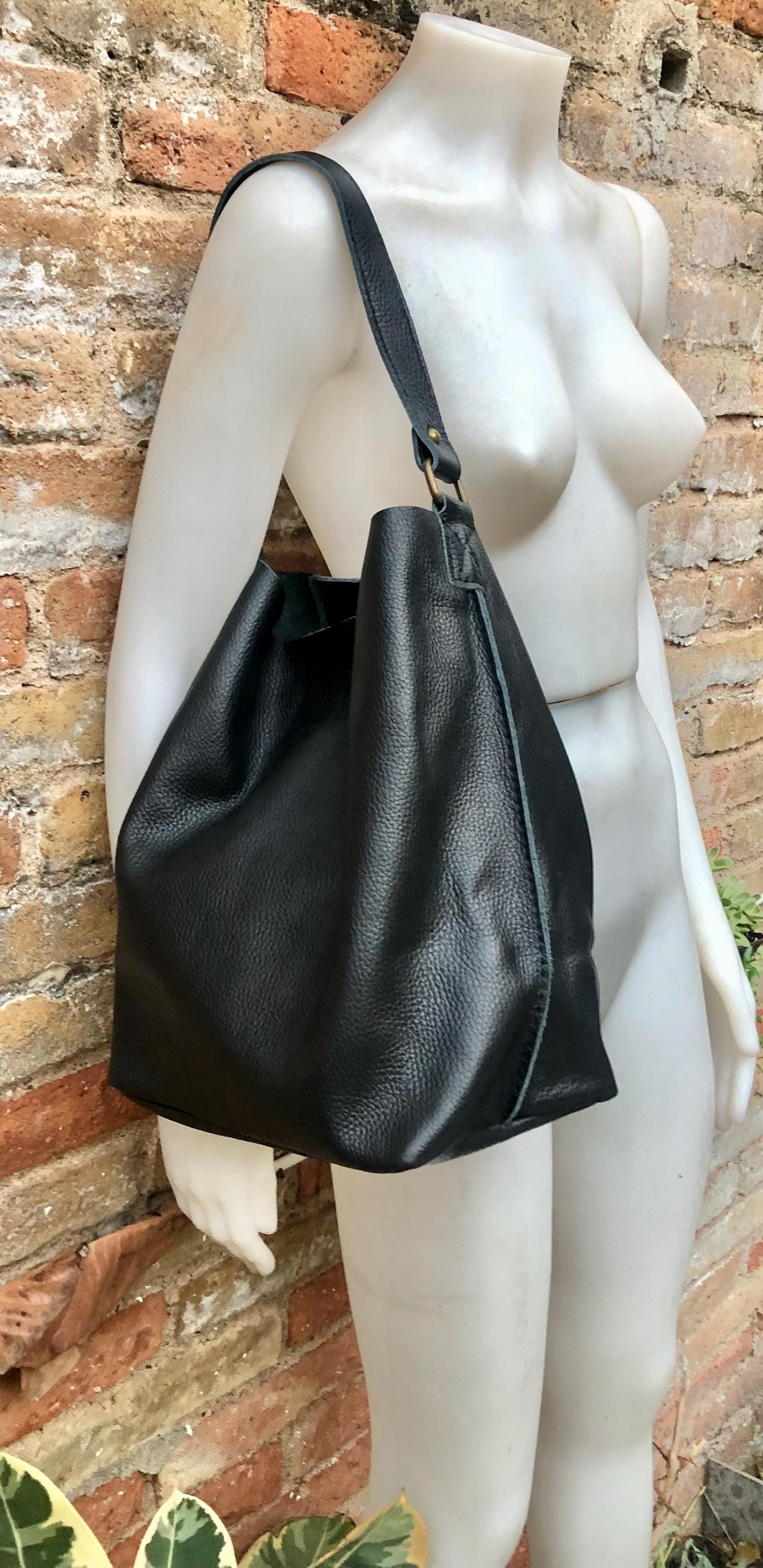 Slouch Leather Bag in BLACK Leather. Black Hobo Shoulder Bag. Genuine ...