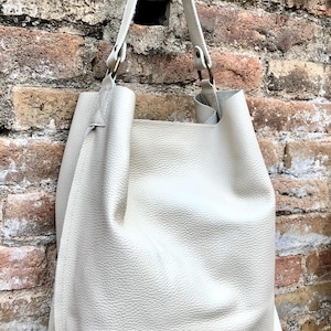 Slouch Leather Shopper Bag in Creamy White. Very Light Beige Hobo ...