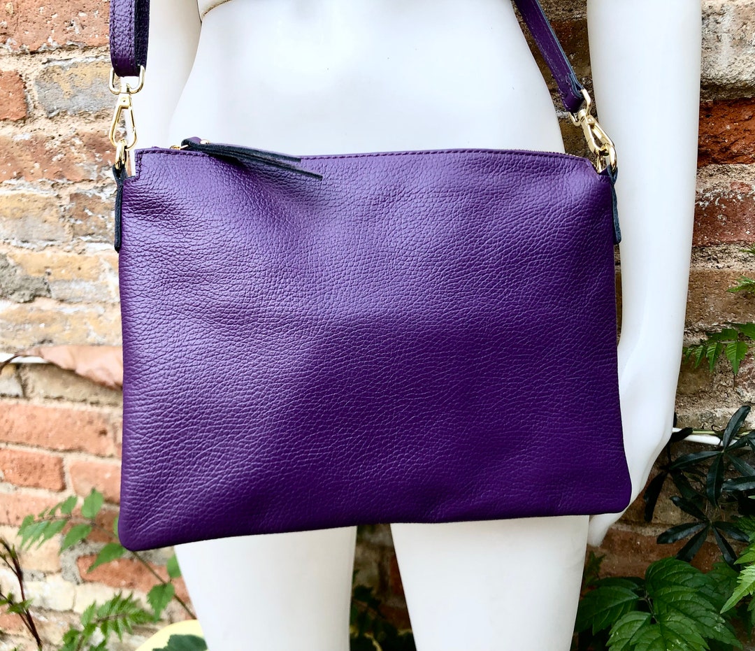 PURPLE Leather Bag. GENUINE Leather Cross Body / Shoulder Bag. PURPLE ...