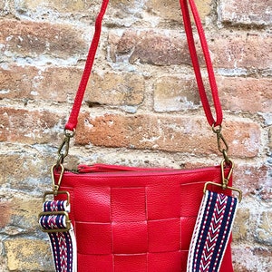 Small Leather Bag in RED. 2 Straps: Embroidered + 1 Leather. GENUINE ...