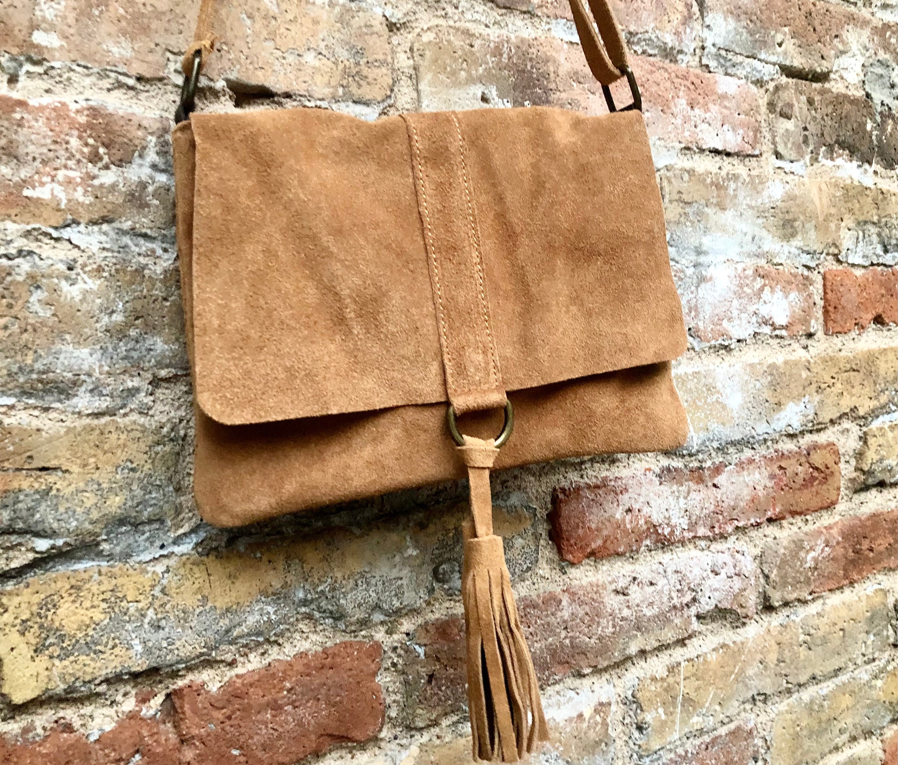 Cross Body Bag. Boho Leather Bag in CAMEL Brown. Soft Genuine Suede ...
