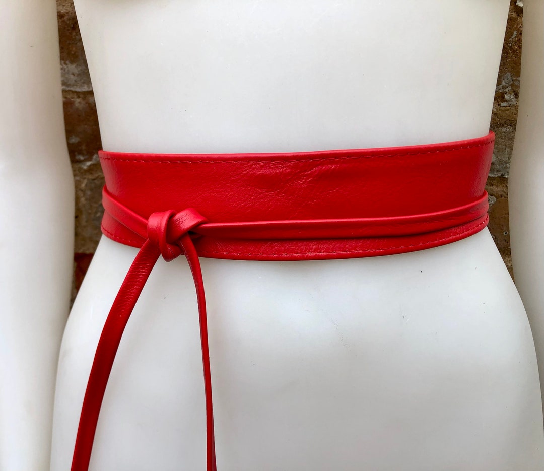 Obi Belt in Soft Leather. Narrow Style. RED Wrap Belt. Wraparound Waist ...