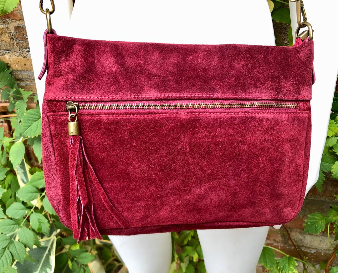 BURGUNDY Crossbody Suede Bag. Genuine Leather Wine Red Suede Bag With ...