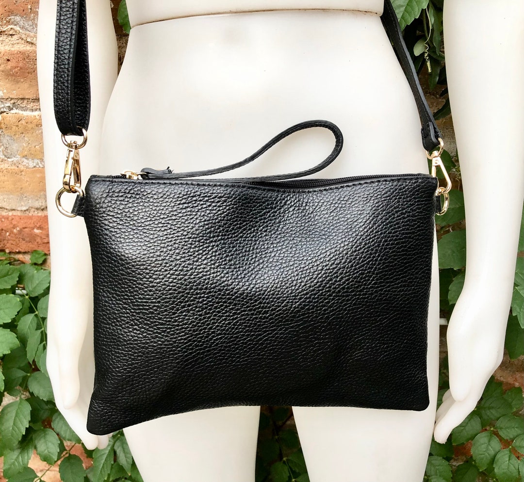 Small BLACK Leather Bag. Crossbody/ Shoulder Bag or Wristlet in GENUINE ...