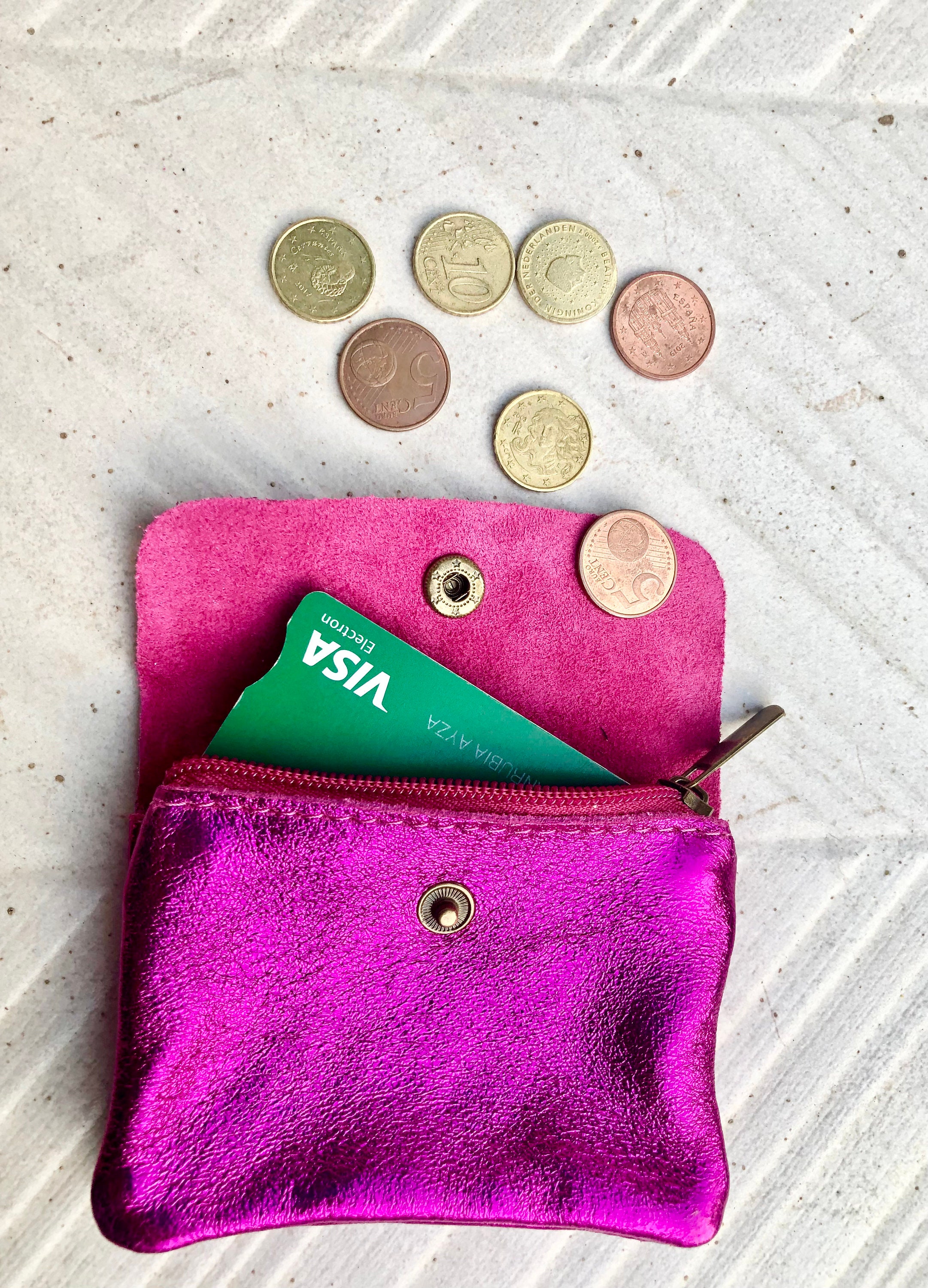Small Coin Purse in Genuine Metallic Leather With 3 Pockets, Zipper ...