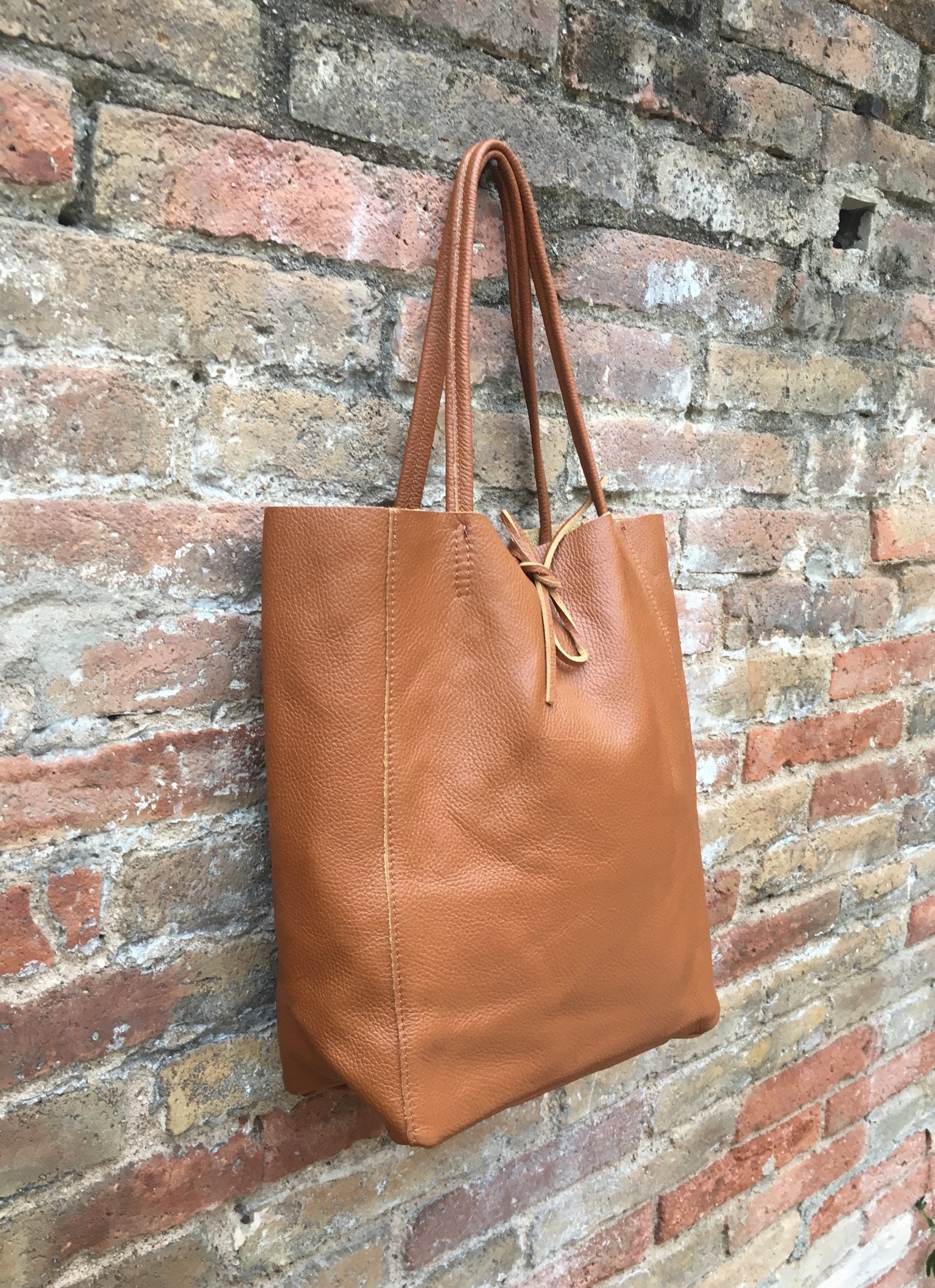 Tote leather bag in dark CAMEL brown. Leather shopper in | Etsy