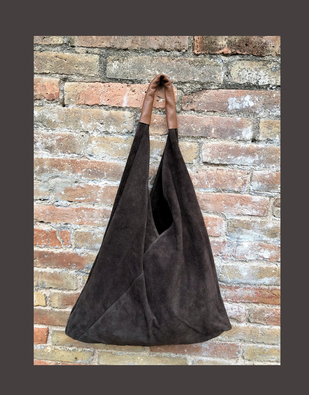 Slouch Leather Bag in Dark Brown Suede. Genuine Leather Shoulder Bag ...