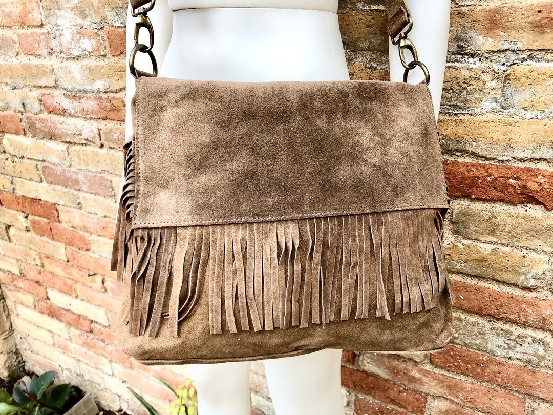 Cross Body Bag. BOHO Suede Leather Bag in Dark Beige With FRINGES ...