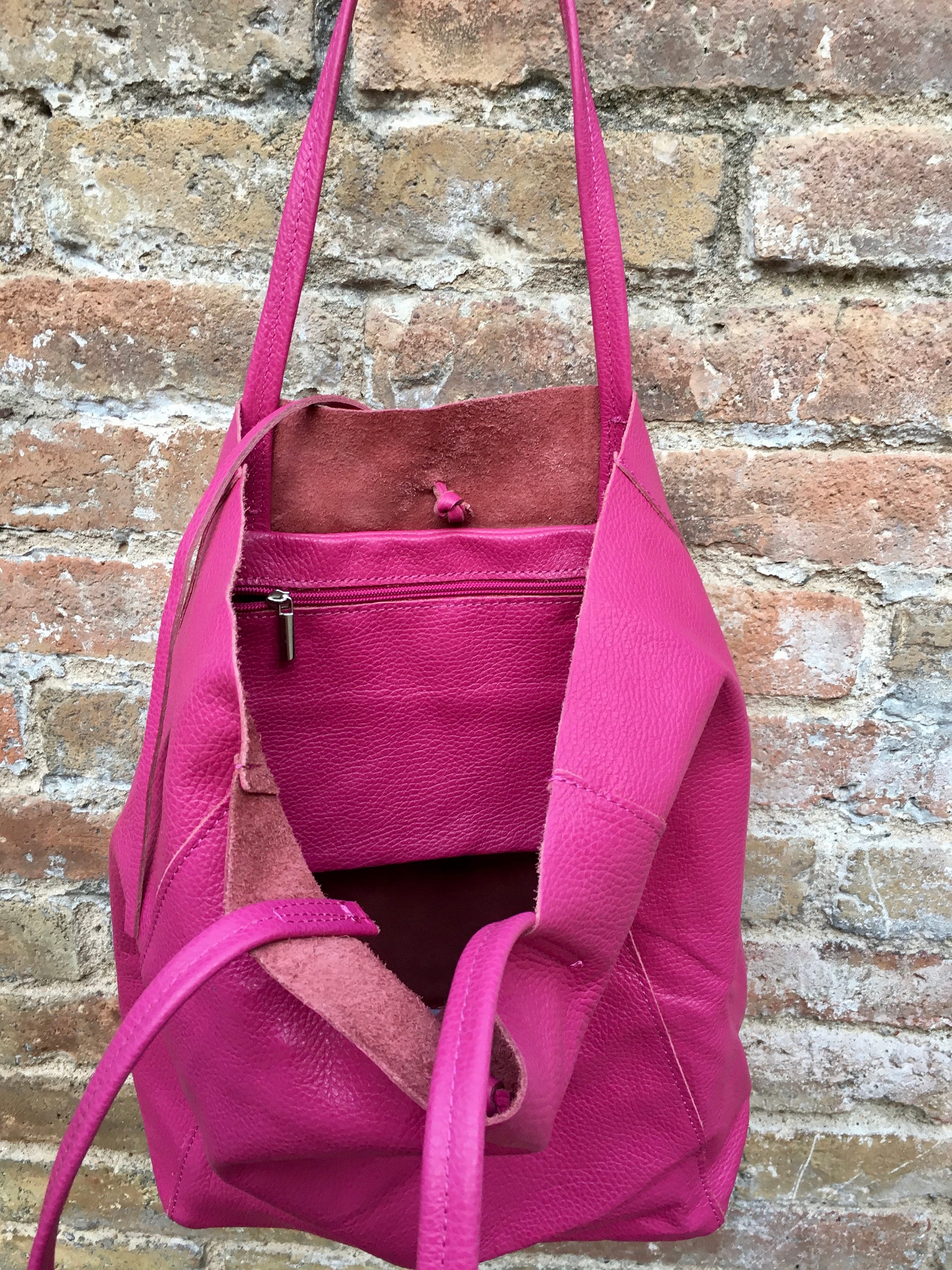 Tote Leather Bag in HOT PINK. Leather Shopper Bag in Soft Natural ...