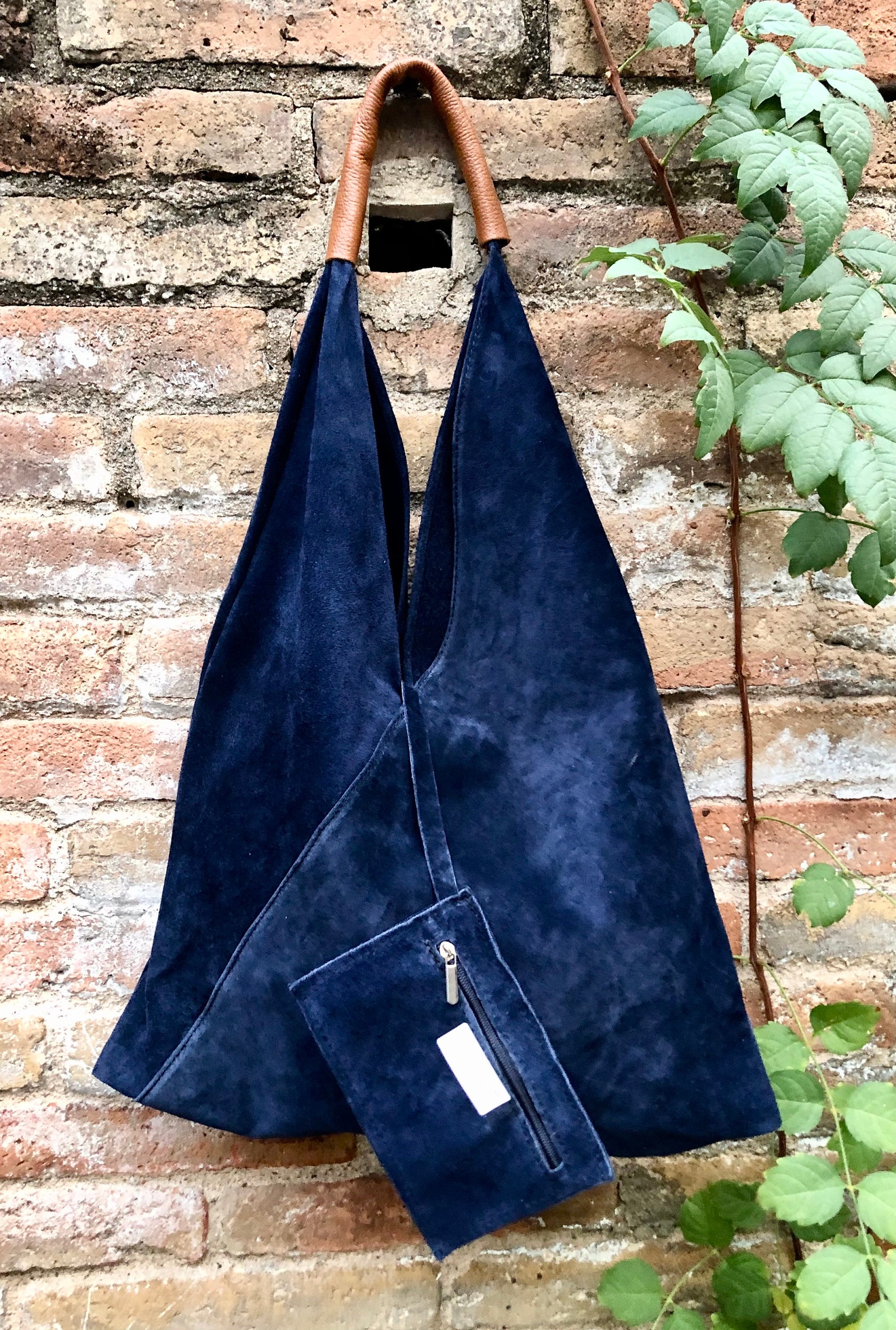 NAVY Blue Slouch Suede Bag. Genuine Leather Shoulder / Shopper Bag ...