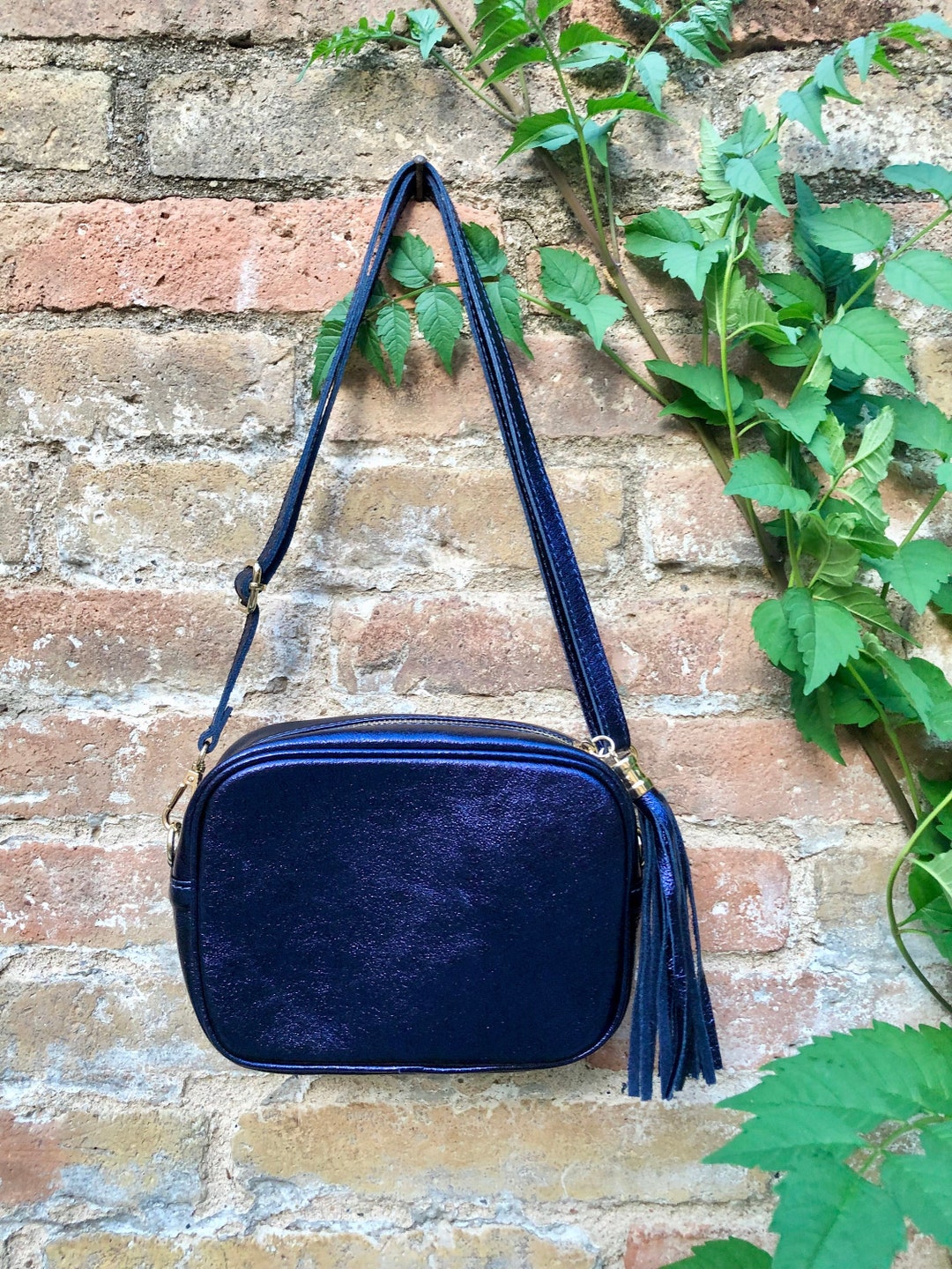Small Leather Bag in PURPLE - NAVY. Crossbody / Shoulder Bag in Genuine ...