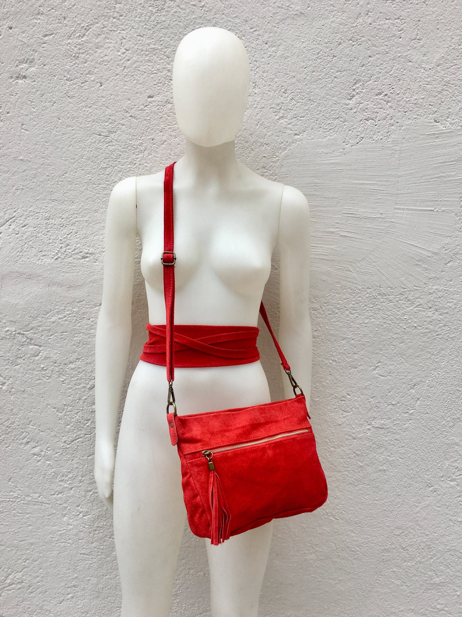 BOHO suede leather cross over bag in RED with matching belt. | Etsy