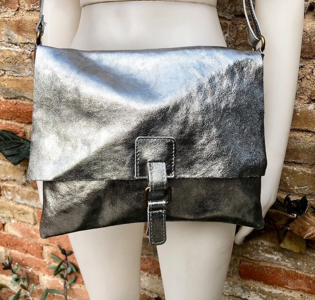 Silver Color Crossbody Leather Bag. Soft Genuine Laminated Leather Bag ...