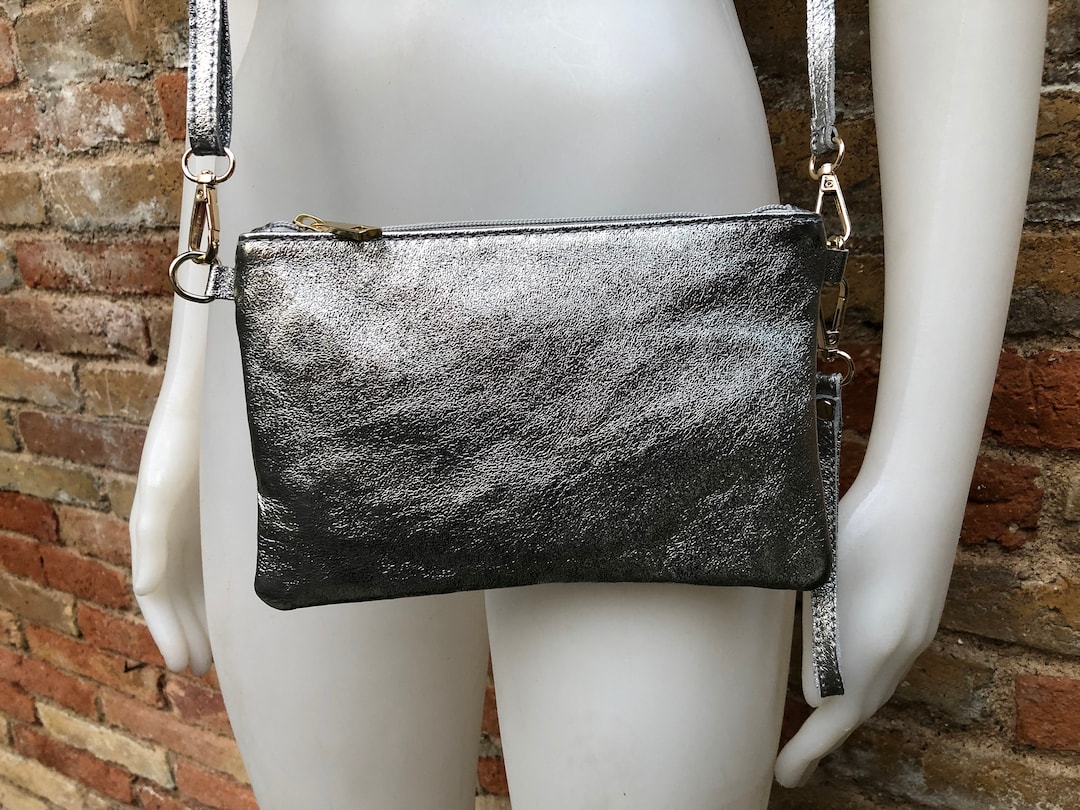Small Leather Bag in DARK SILVER. Crossbody, Shoulder Bag or Wristlet ...