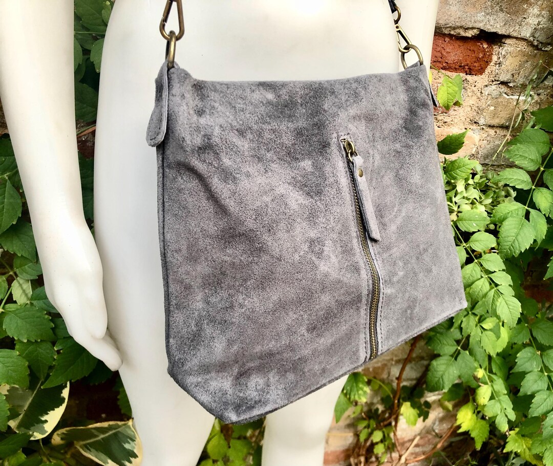 Gray Suede Leather Bag. Boho Messenger Bag. GENUINE LEATHER Crossbody ...