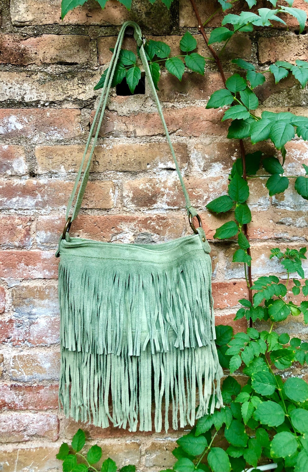 Cross Body Fringe Bag. BOHO Suede Leather Bag in GREEN With FRINGES ...