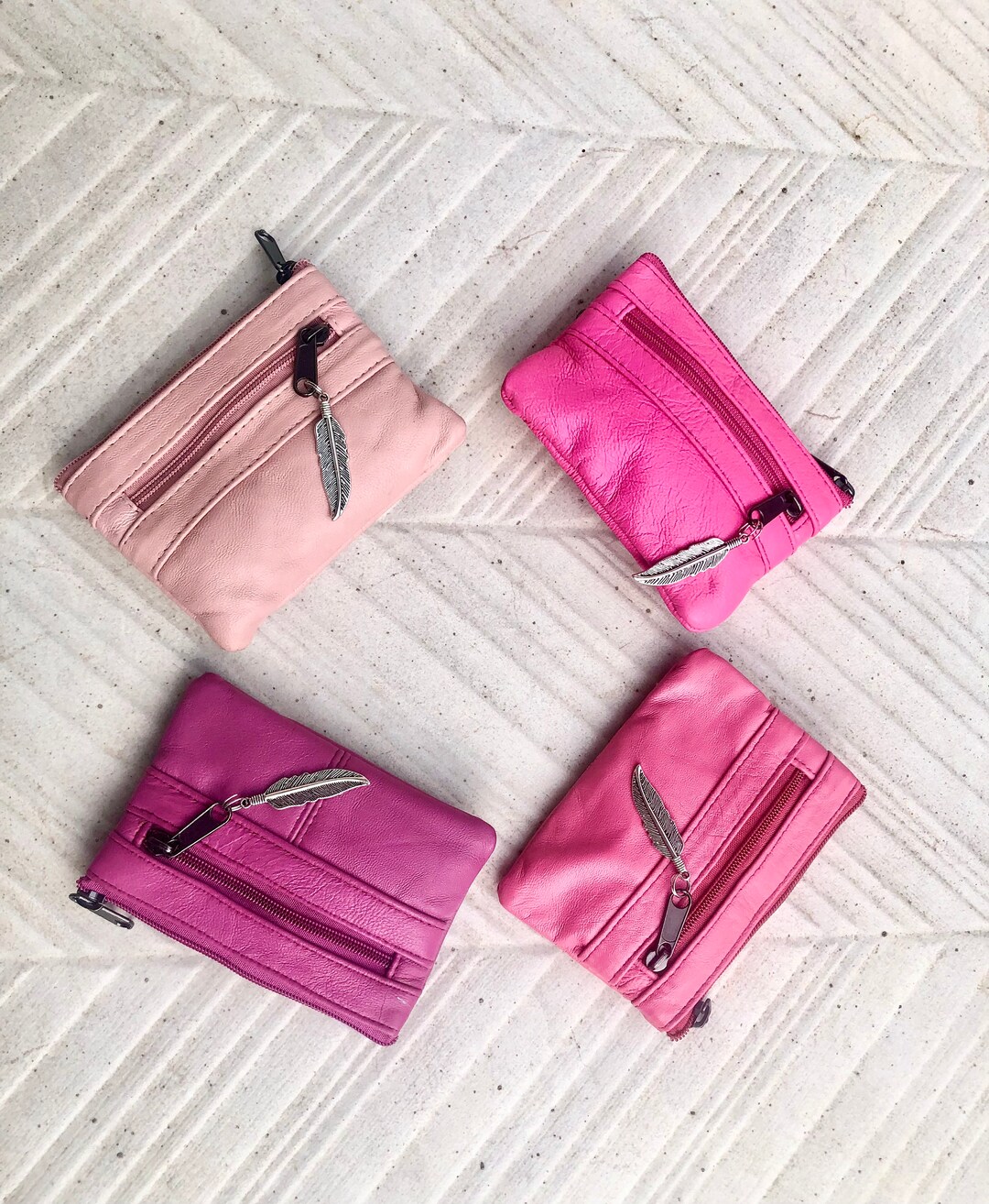 PINK Coin Purse in Genuine Leather, 3 Zippers. Fits Credit Cards, Coins ...