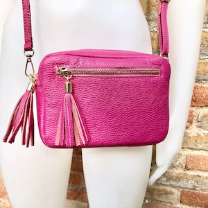 Small Hot Pink Leather Bag. GENUINE Leather Shoulder / Cross Body Bag ...