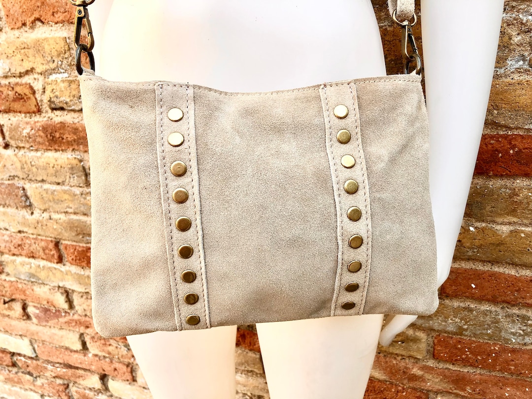 Crossbody Bag. Light Beige Boho Suede Leather Purse With Bronze Color ...