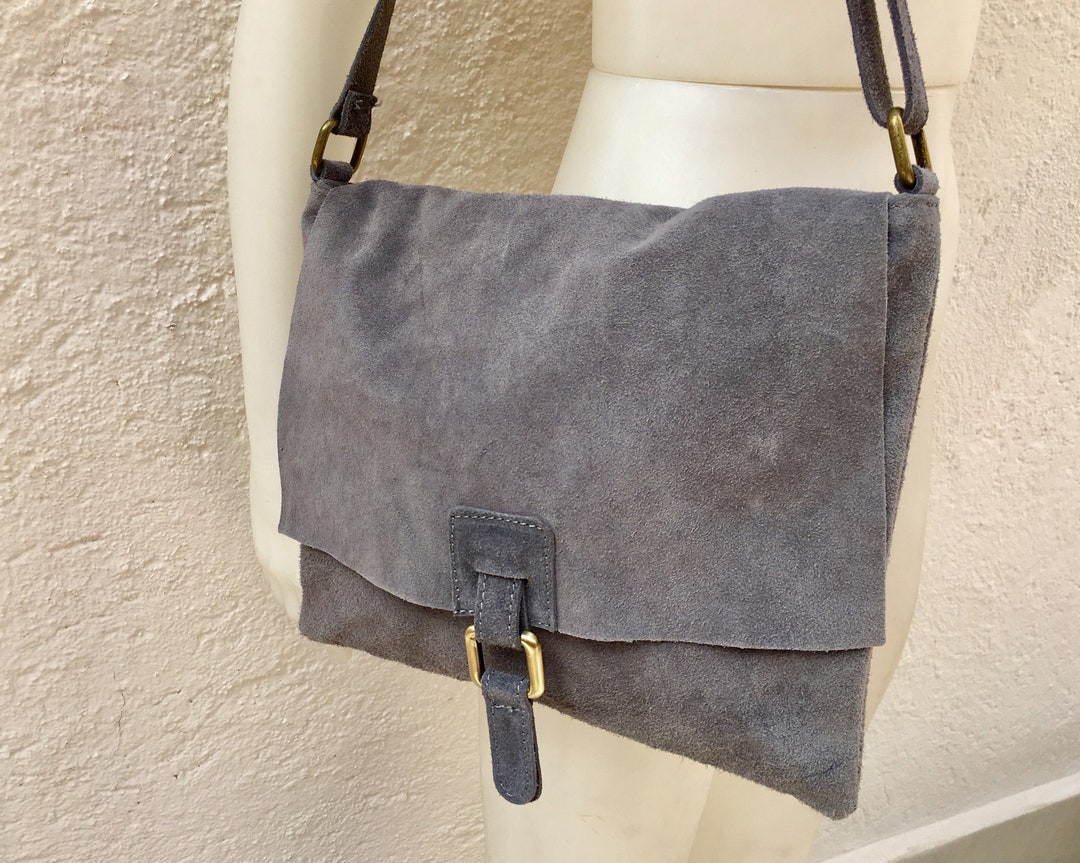 Leather Bag in Dark GREY. BOHO Messenger Bag in Gray Suede. Cross Body ...