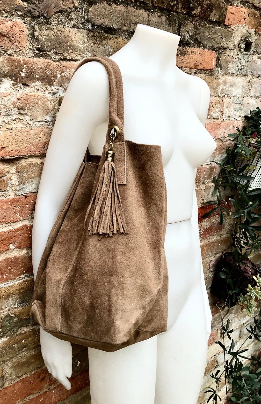 Light Brown Leather Shopper Bag in Genuine Suede. Slouchy Tan Color ...