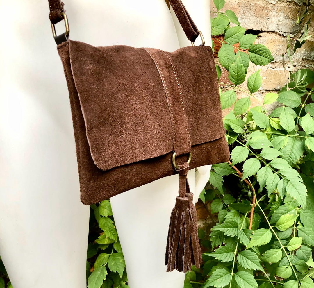 Brown Suede Crossbody Bag.boho Leather Bag in Dark Brown Genuine Suede ...