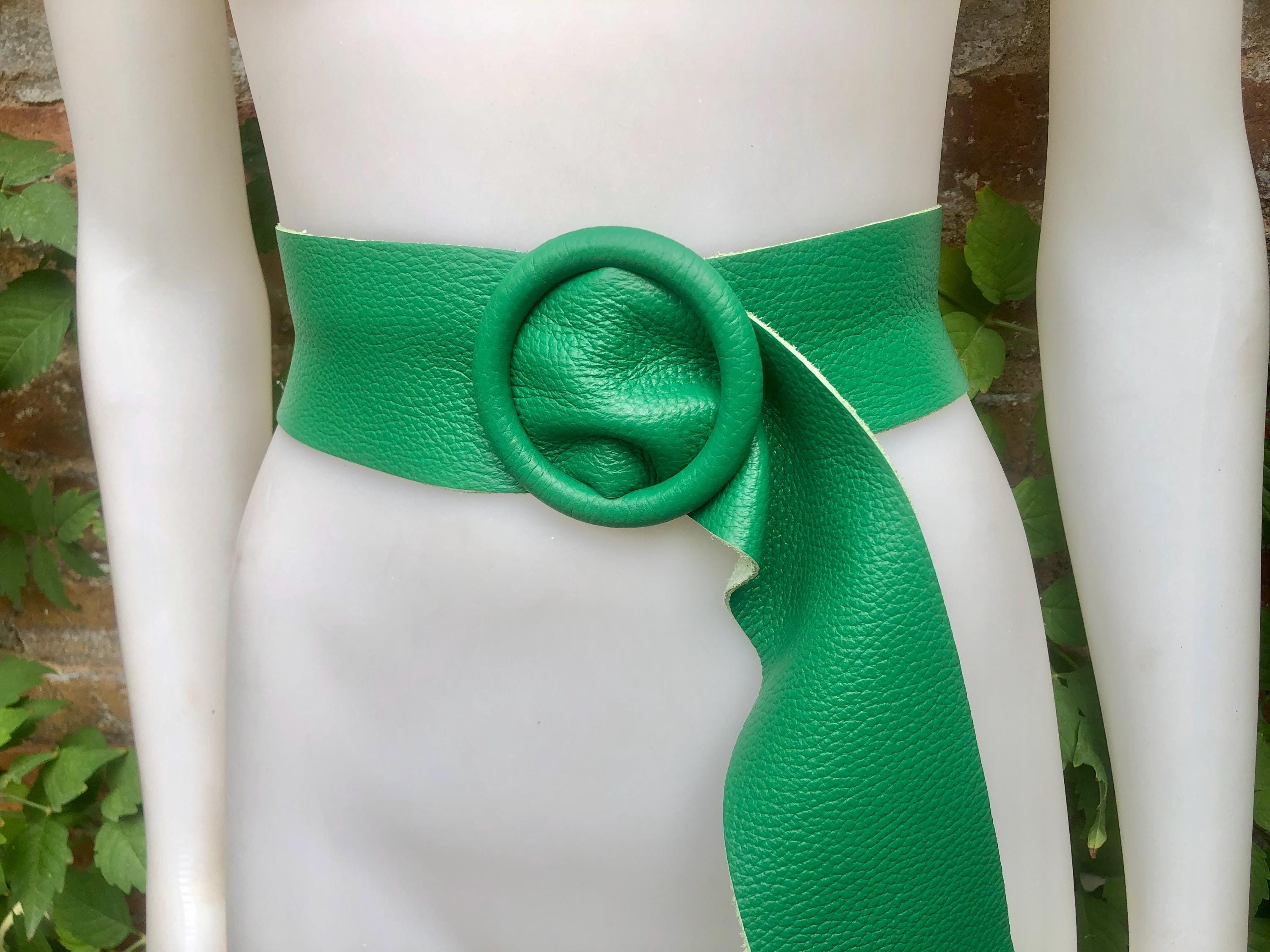 GREEN Leather Waist Belt With Large Round Buckle. Soft Leather Belt in ...