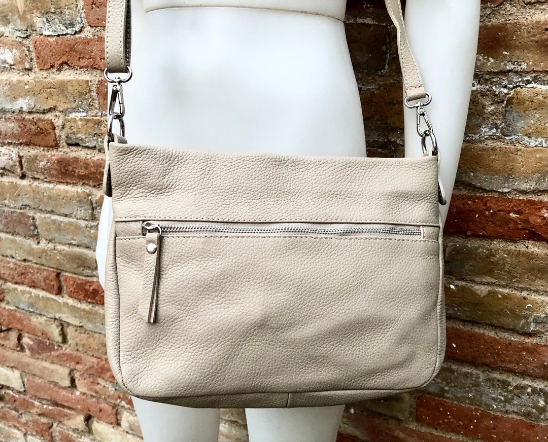 Beige Leather Bag. Soft Genuine Leather Messenger Bag With Tassel ...