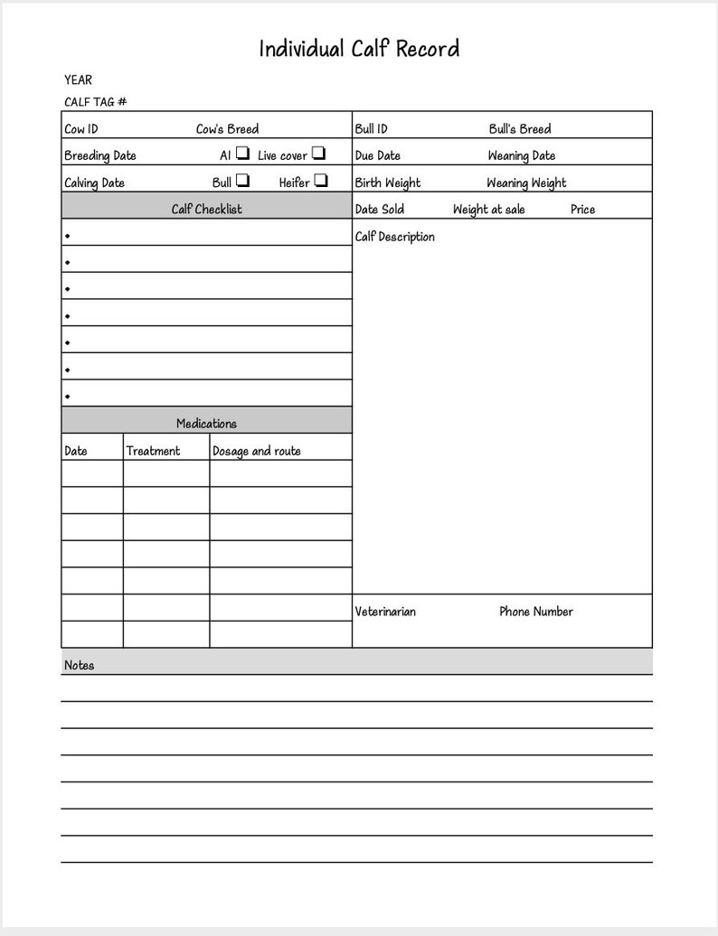 Individual Calf Record Digital PDF Download - Etsy