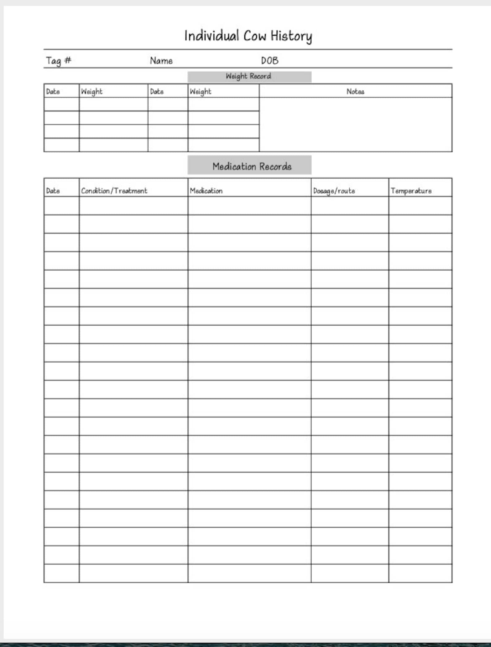 Individual Cow Record PDF Download - Etsy