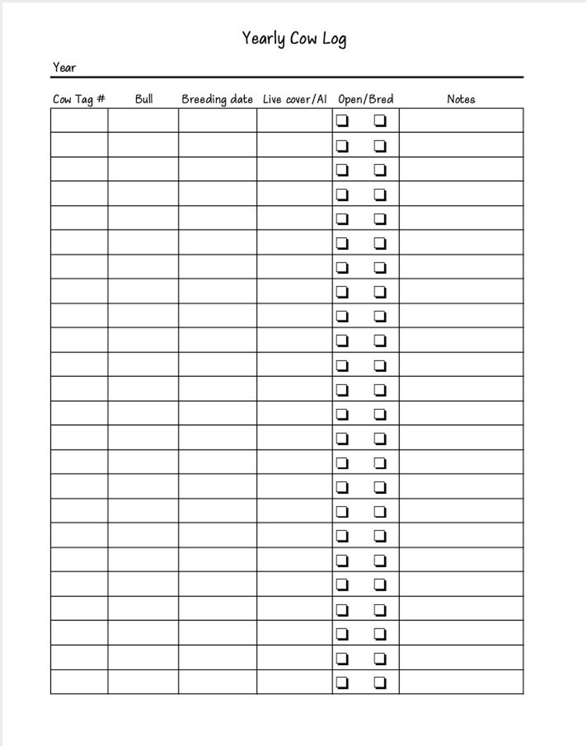 Yearly Cow Log PDF Printable - Herd Management - Breeding Log - Etsy