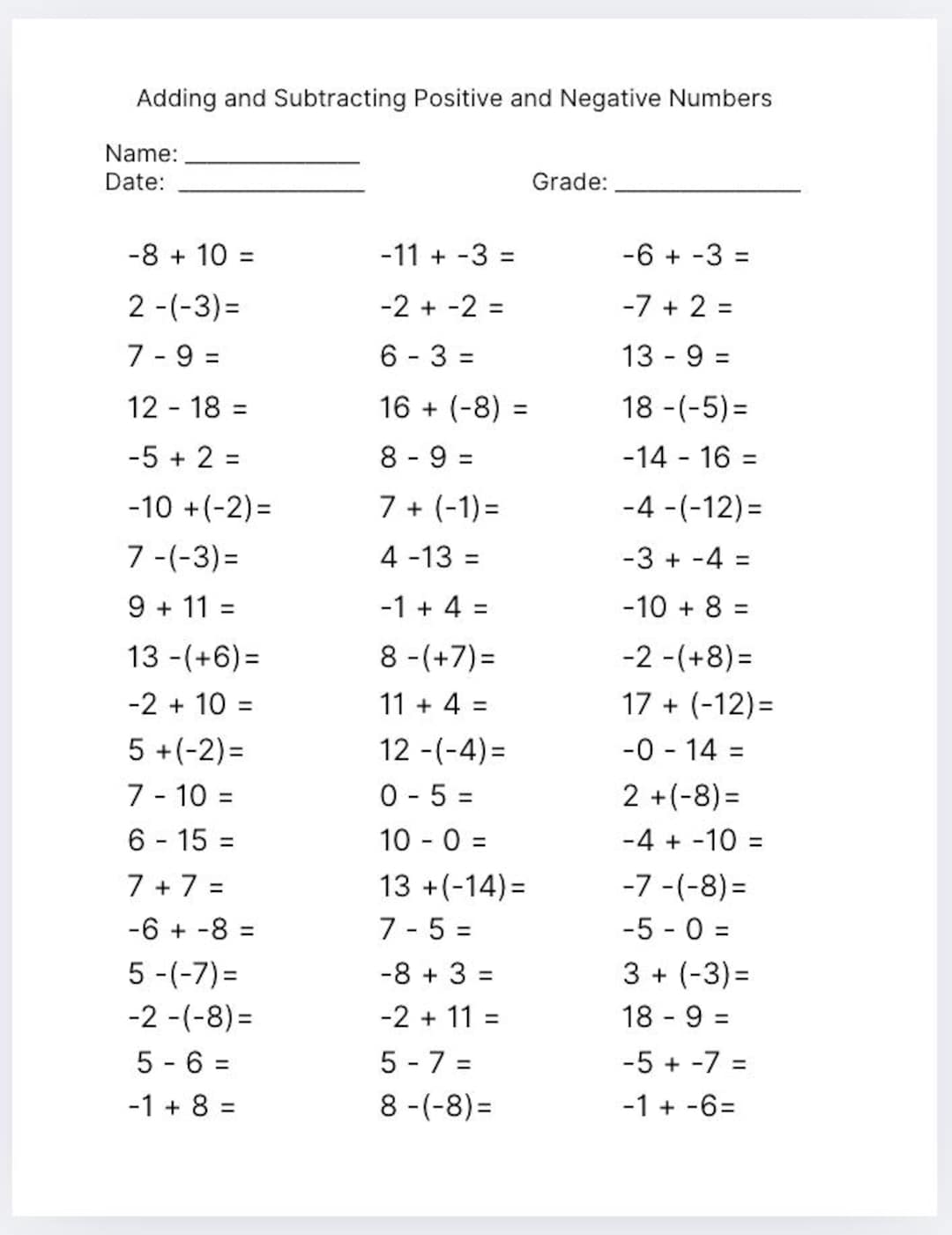 Adding and Subtracting Positive & Negative Numbers Worksheet (PDF) - Etsy