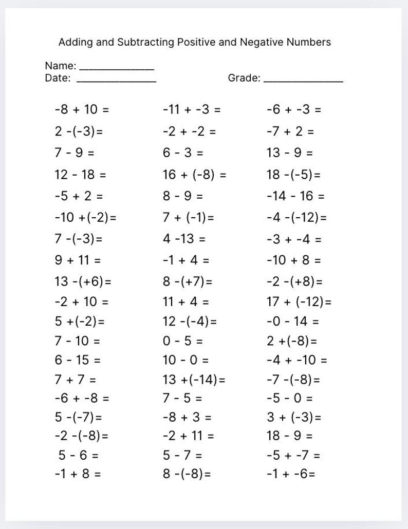 Adding and Subtracting Positive & Negative Numbers Worksheet (PDF) - Etsy
