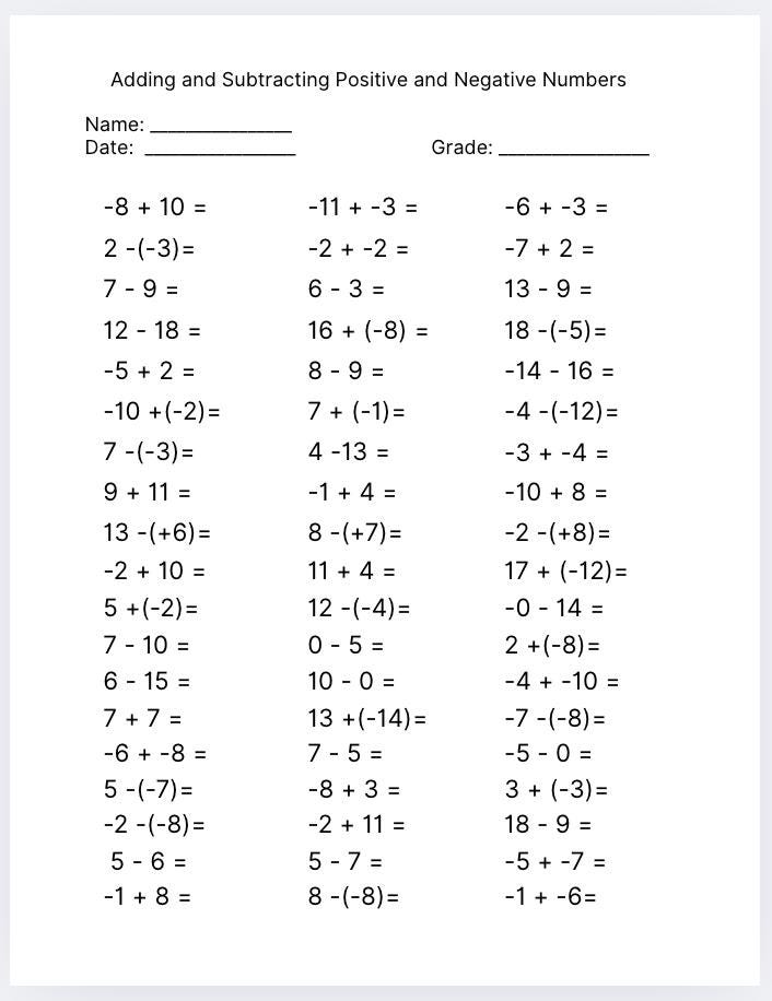 Adding and Subtracting Positive & Negative Numbers Worksheet (PDF) - Etsy