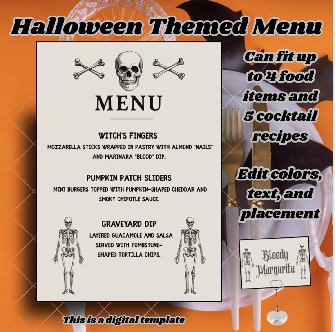 Skeleton Halloween Menu Template: Editable Party Bar Sign (digital ...
