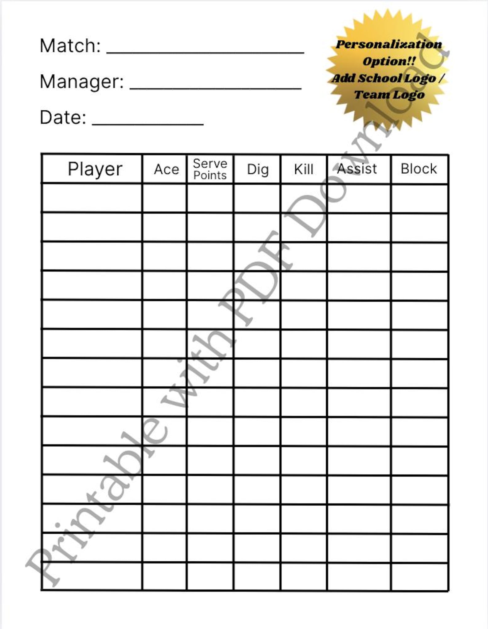 Volleyball Stat Sheet: Printable Player Stats Tracker (digital Download ...