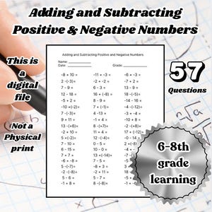 Adding and Subtracting Positive & Negative Numbers Worksheet (PDF) - Etsy