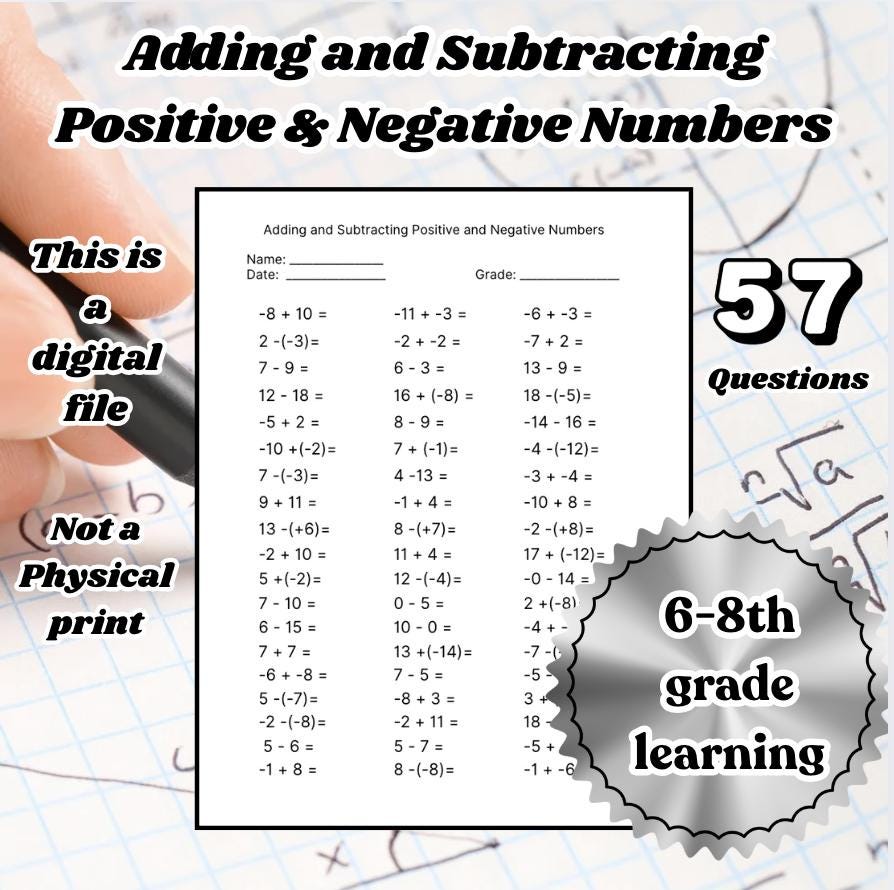Adding and Subtracting Positive & Negative Numbers Worksheet (PDF) - Etsy