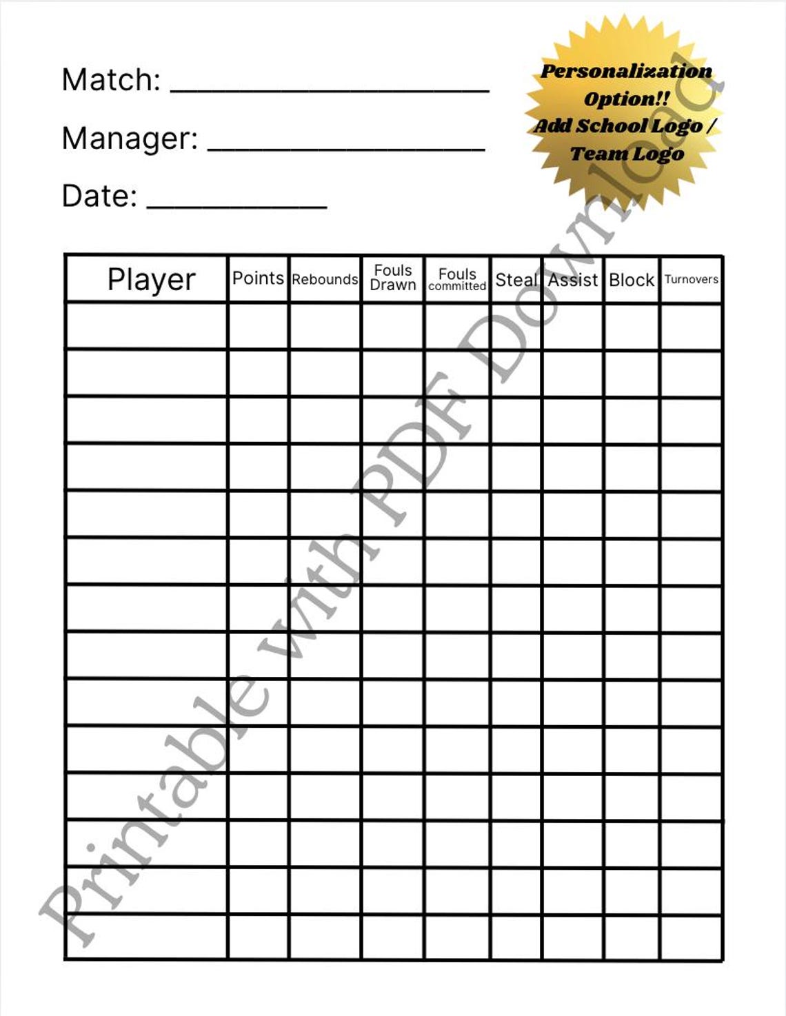 Basketball Stat Sheet: Printable Player Scorekeeping Template (digital ...