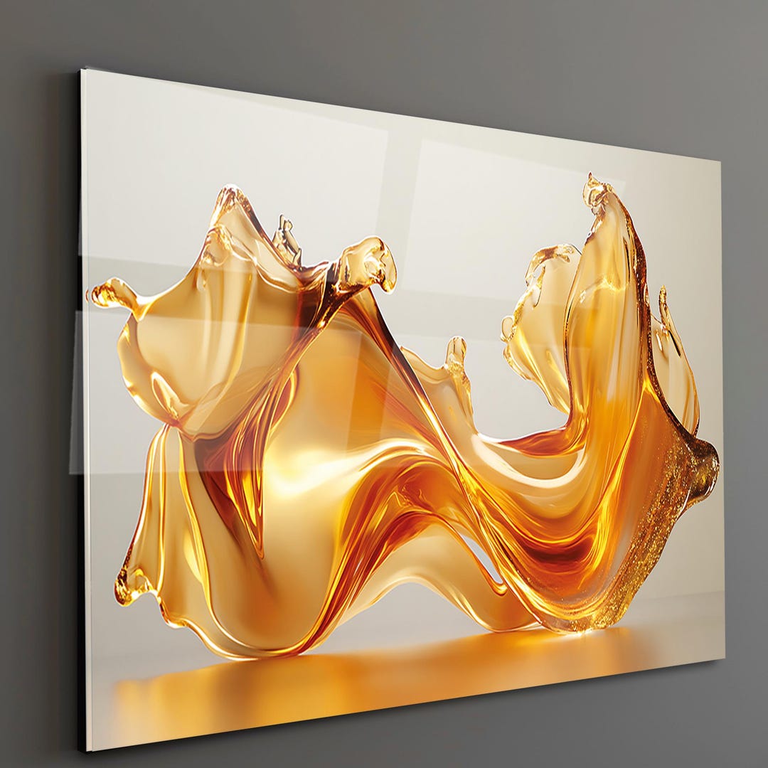 Golden Glass Wall Art, Tempered Glass Printing, Abstract Liquid Silk ...