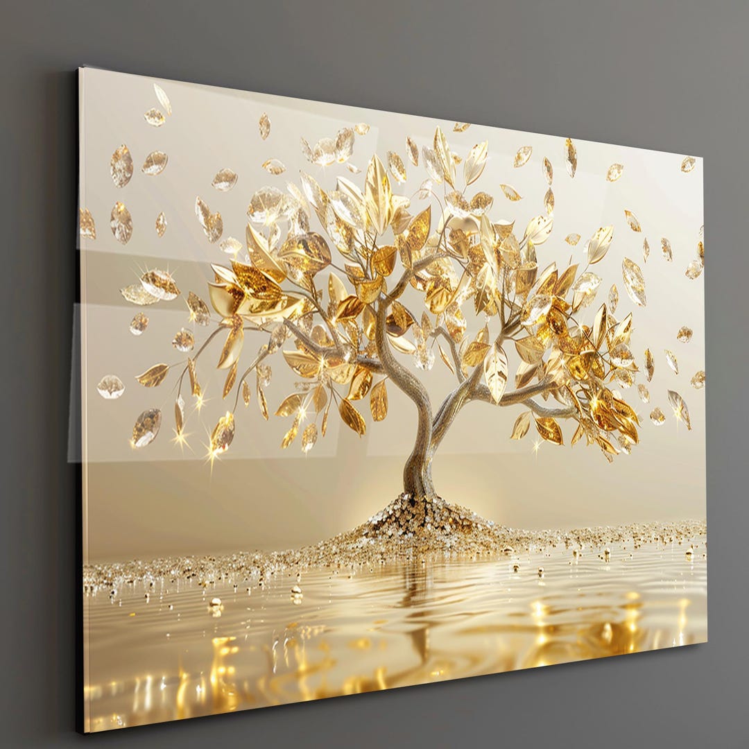 Golden Tree Glass Wall Art – Luxury Gold Leaves Design, Elegant Home ...